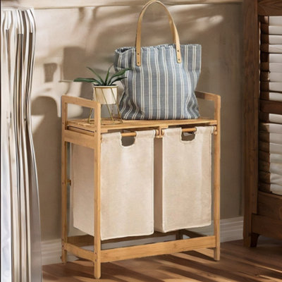 CREAM PULL OUT DOUBLE LAUNDRY BASKET WITH SHELF