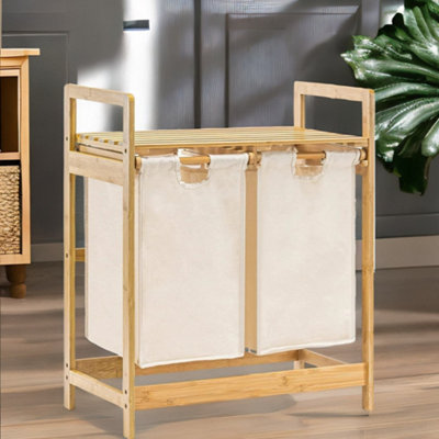 CREAM PULL OUT DOUBLE LAUNDRY BASKET WITH SHELF