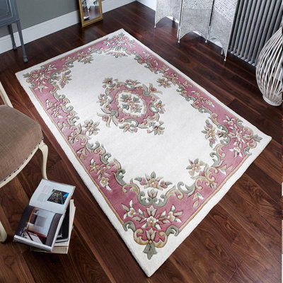 Cream Rose Traditional Bordered Floral Handmade Cotton Backing Rug for ...
