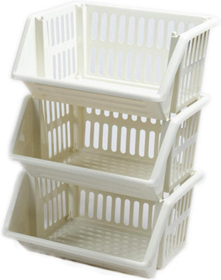Cream Set of 3 Plastic Stacking Basket Multi-Purpose Storage Stackable ...