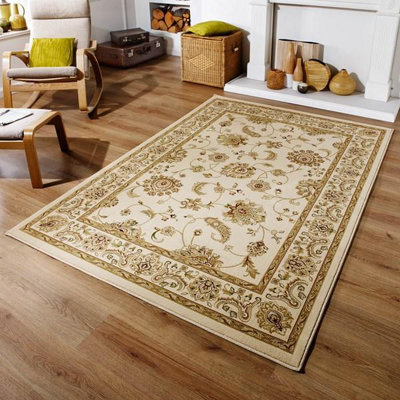 Cream Traditional Bordered Floral Persian Machine Made Rug for Living ...