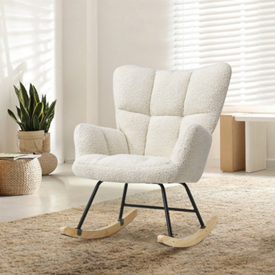 Cream Tufted Upholstered Teddy Rocking Chair with High Backrest | DIY ...