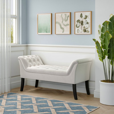 Creamy White Contemporary Velvet Buttoned Bench with Black Wood Legs ...
