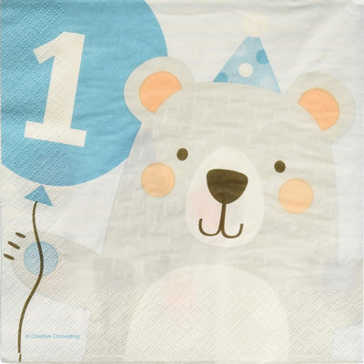 Creative Party 2 Ply Bear 1st Birthday Napkins (Pack of 16) White/Blue ...