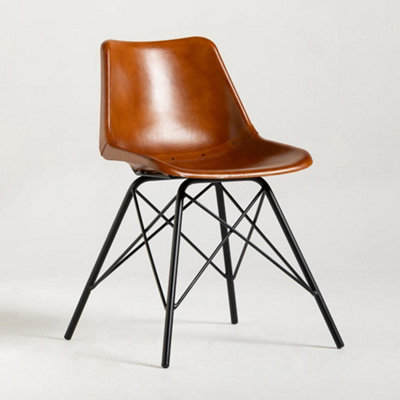 Cross-Leg Dining Chair Plain Tan Genuine Leather Seat Black Metal Base