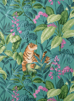 Crown Rajah Tiger Teal Wallpaper M1732 | DIY at B&Q