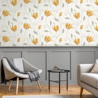 Crown Synergy Floral Mustard Silver Leaf Textured Glitter Wallpaper M1717