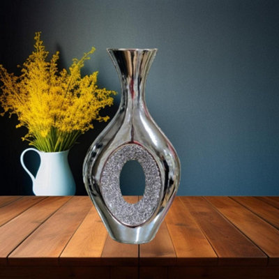 Crushed Diamond Crystal Sparkly Silver Chrome Flower Vase 40Cm