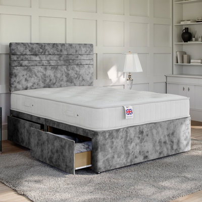 Crushed Velvet Pewter Platform Top Divan Bed Base 4FT6 Double with ...