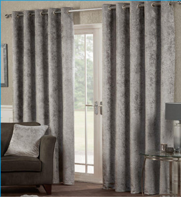 Crushed Velvet Ring Top Curtains 168cm x 183cm Silver | DIY at B&Q