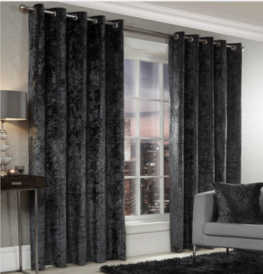 Crushed Velvet Ring Top Curtains 229cm x 229cm Charcoal | DIY at B&Q