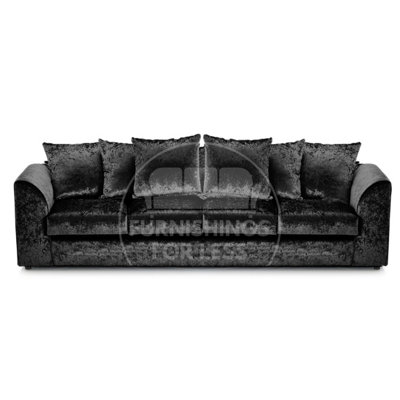 Crystal Crushed Velvet Fabric Long 4 Seater Sofa Black - Scatter Back