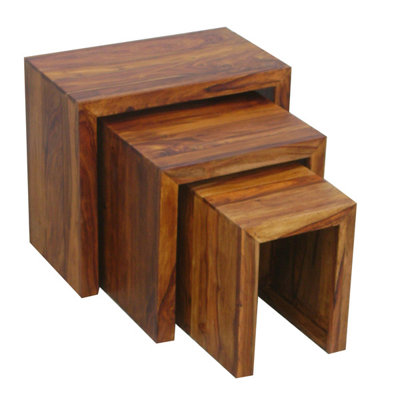 Cube Nest Tables - Sheesham Wood - L30 x W50 x H45 cm - Honey Dark Finish