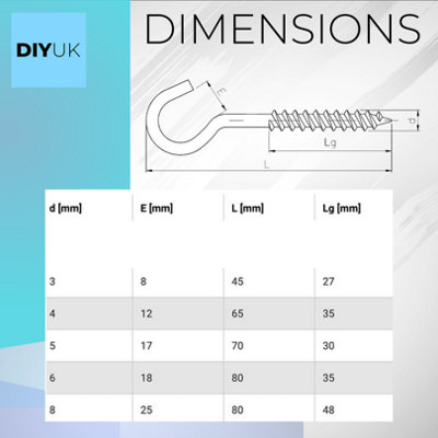 Cup Hooks Screws 80mm x 8.0mm ( Pack of: 8 ) Ceiling Screw In Heavy ...