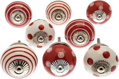 Cupboard Knobs Decorative Red and White with Dots, Spots and Stripes ...