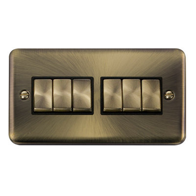 Curved Antique Brass 10A 6 Gang 2 Way Ingot Light Switch - Black Trim ...