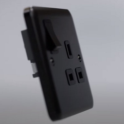 Curved Matt Black 2 Gang 13A DP Ingot 1 USB Twin Double Switched Plug ...