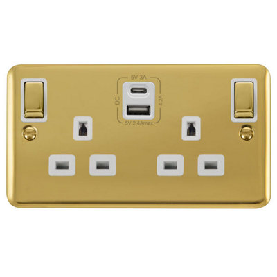 Curved Polished Brass 2 Gang 13A DP Ingot Type A & C USB Twin Double ...