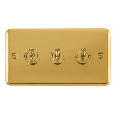 Curved Polished Brass 3 Gang 2 Way 10AX Toggle Light Switch - SE Home