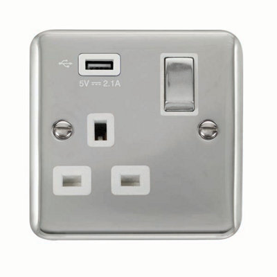 Curved Polished Chrome 1 Gang 13A DP Ingot 1 USB Switched Plug Socket ...