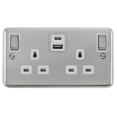 Curved Polished Chrome 2 Gang 13A DP Ingot Type A & C USB Twin Double ...