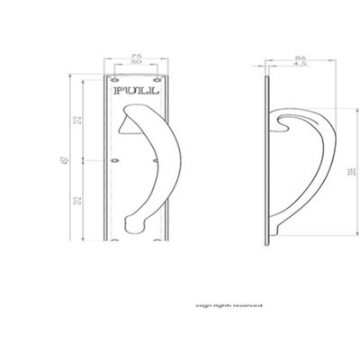Curved Right Handed Door Pull Handle Engraved with 'Pull' Polished Brass