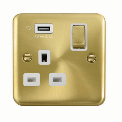 Curved Satin / Brushed Brass 1 Gang 13A DP Ingot 1 USB Switched Plug ...