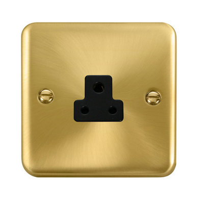 Curved Satin / Brushed Brass 1 Gang 2A Round Pin Socket - Black Trim ...