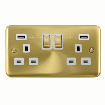 Curved Satin / Brushed Brass 2 Gang 13A DP Ingot 2 USB Twin Double ...