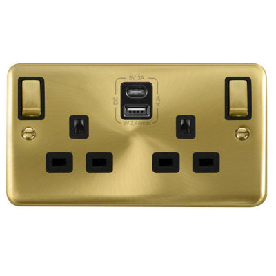 Curved Satin / Brushed Brass 2 Gang 13A DP Ingot Type A & C USB Twin ...