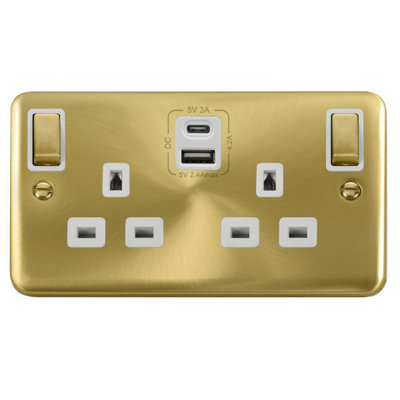 Curved Satin / Brushed Brass 2 Gang 13A DP Ingot Type A & C USB Twin ...