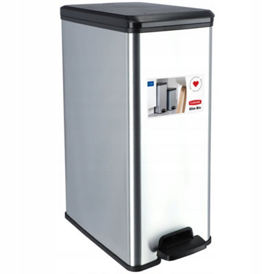 Curver Metal Effect Pedal Touch Slim Deco Bin, Silver, (40 L)