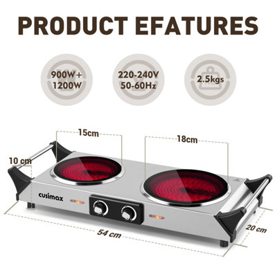 Cusimax 2100W Portable Ceramic Dual Hot Plate with Handle 2.5kg