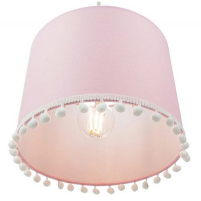 Cute and Modern Pink Cotton 10 Lamp Shade with Small White Woolly Pom Poms