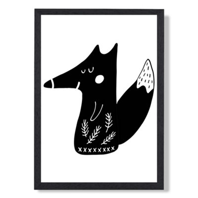 Cute Black Fox Scandi Animal Art Print with Black Frame SIZE: A4