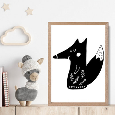 Cute Black Fox Scandi Animal Framed Print SIZE: A4 with Oak Frame