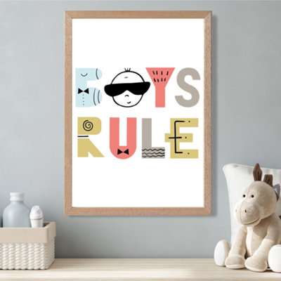 Cute Boys Rule Scandi Quote Framed Print SIZE: A3 with Oak Frame