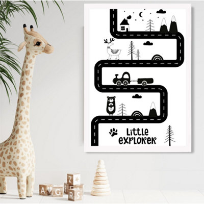 Cute Little Explorer Map Scandi Framed Print SIZE: A2 with White Frame