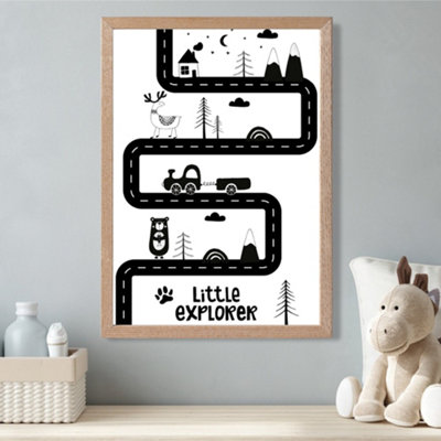 Cute Little Explorer Map Scandi Framed Print SIZE: A3 with Oak Frame