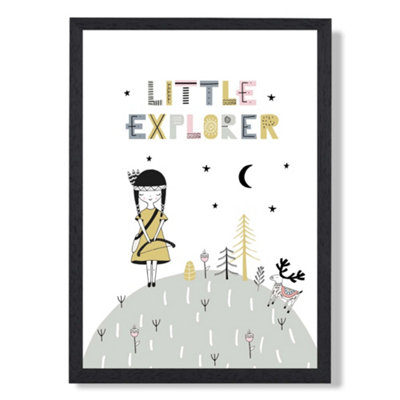 Cute Little Girl Explorer Scandi Quote Art Print with Black Frame SIZE: A4