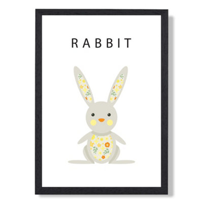 Cute Yellow Floral Rabbit Art Print with Black Frame SIZE: A4
