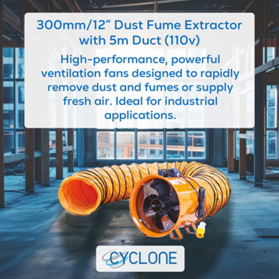 Cyclone 300mm 12" Dust Fume Extractor Ventilation Fan 110v with 5m Ducting