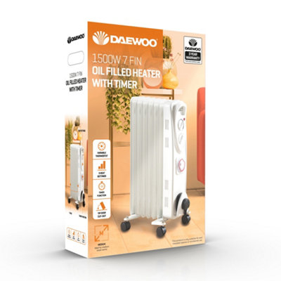 Daewoo 1500W Oil Filled Radiator 7 Fin Portable Heater With Timer 3 ...