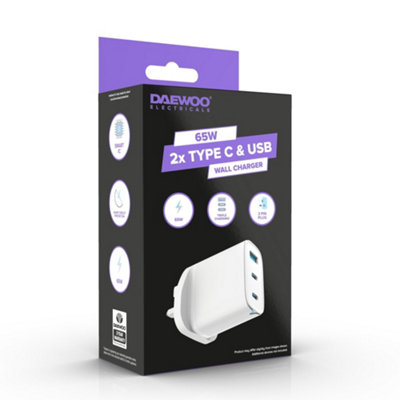 Daewoo 3-in-1 65W Wall Adapter Fast Charger Plug with 2x USB-Type-C ...