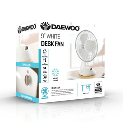 DAEWOO 9" DESK FAN OSCILLATING TILTABLE HEAD 2 SPEED WHITE