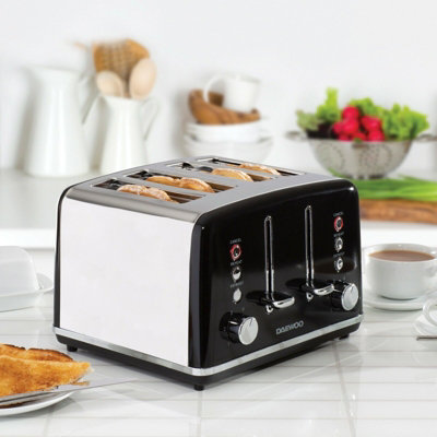 Daewoo Kensington Toaster 4 Slice Defrost Reheat Stainless Steel Black ...