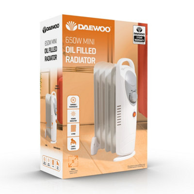 Daewoo Mini Oil Filled Radiator 650W 5 Fin Portable Heater Adjustable ...