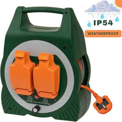 Daewoo Weatherproof 15 Metre Cable Reel Outdoor Extension Lead 2 Gang ...