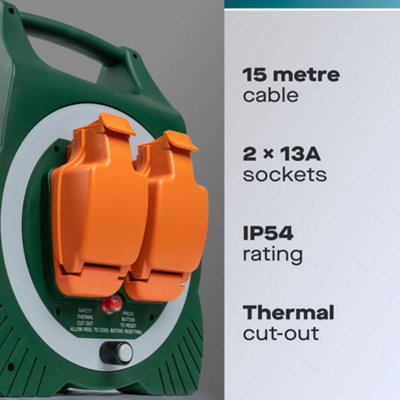 Daewoo Weatherproof 15 Metre Cable Reel Outdoor Extension Lead 2 Gang ...