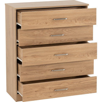 Dakota 5 Drawer Chest Oak Effect Metal Handles and Drawer Runners